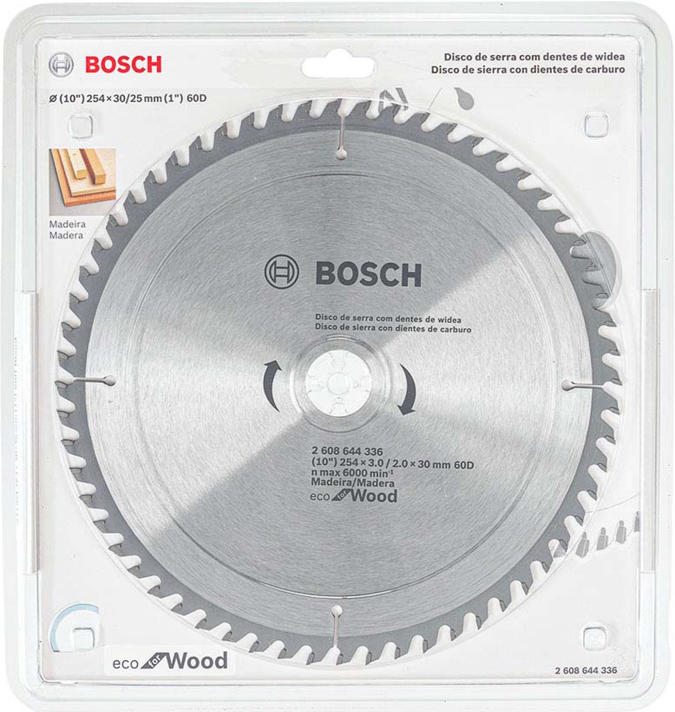 Disco Sierra Circular 10" 60 Dientes BOSCH / ECO / MADERA / Eje 30-25 ...